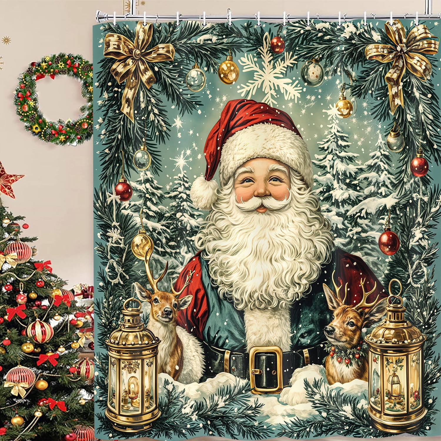 Vintage Christmas Shower Curtain, Cute Santa Claus Snow Forest Xmas ...
