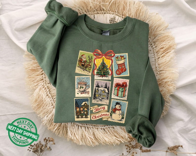 Vintage Christmas Stamp Sweatshirt, Retro Holiday Postage Collage, Cute ...