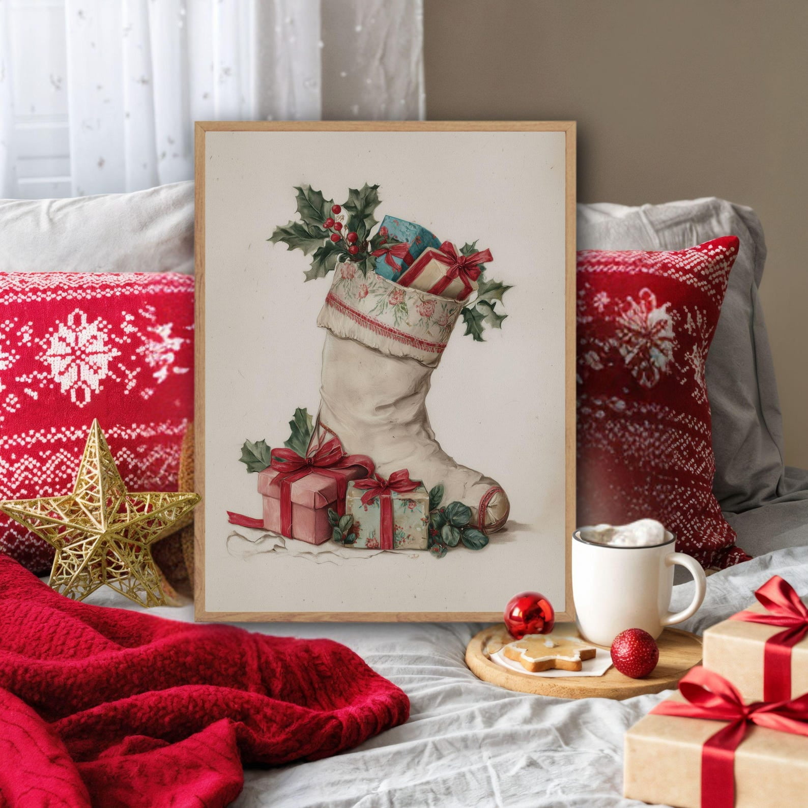 Vintage Christmas Stocking Wall Art, Neutral Holiday Printable, Red ...