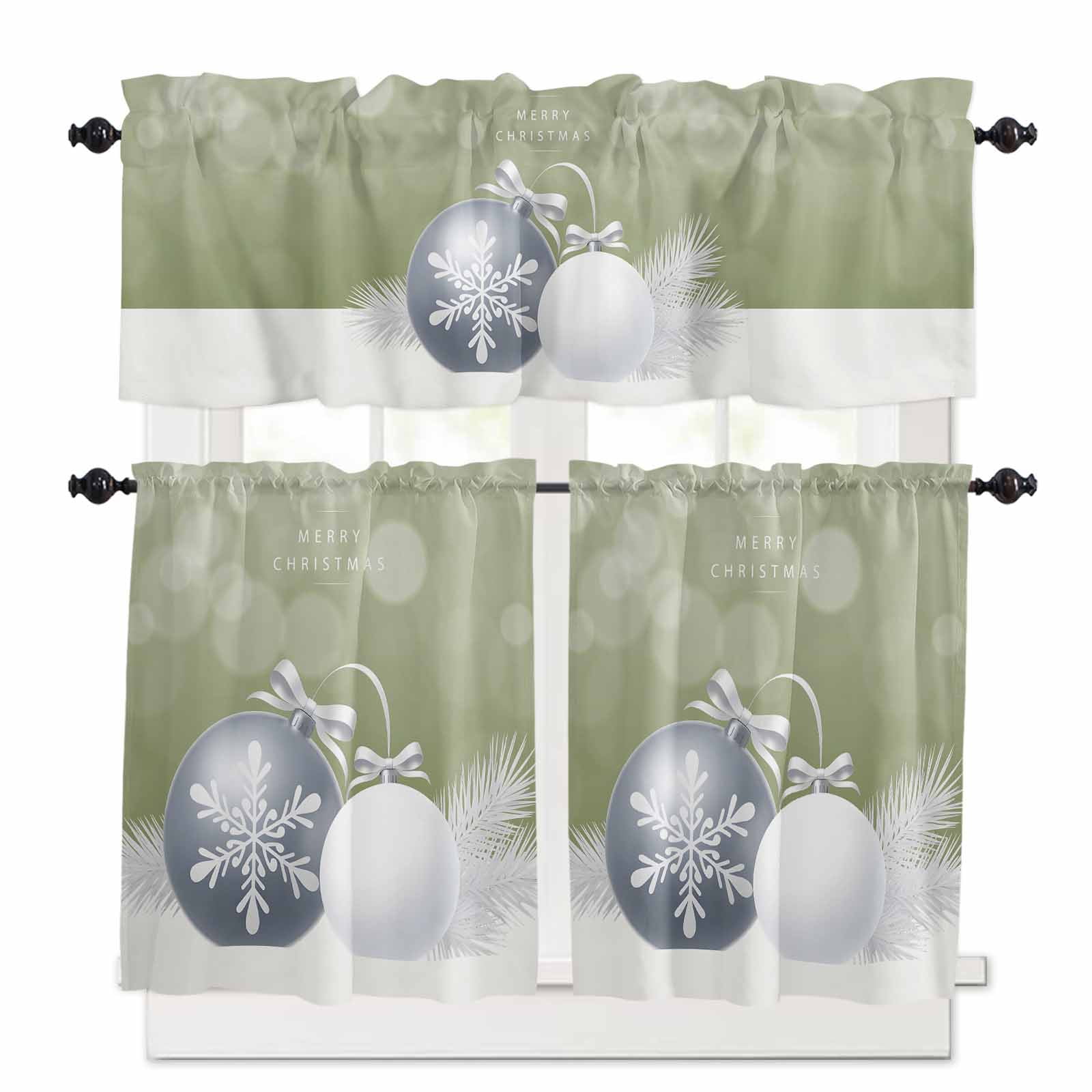 Vintage Christmas Tree Curtain Valances Set Winter Snowflake Gold Line ...