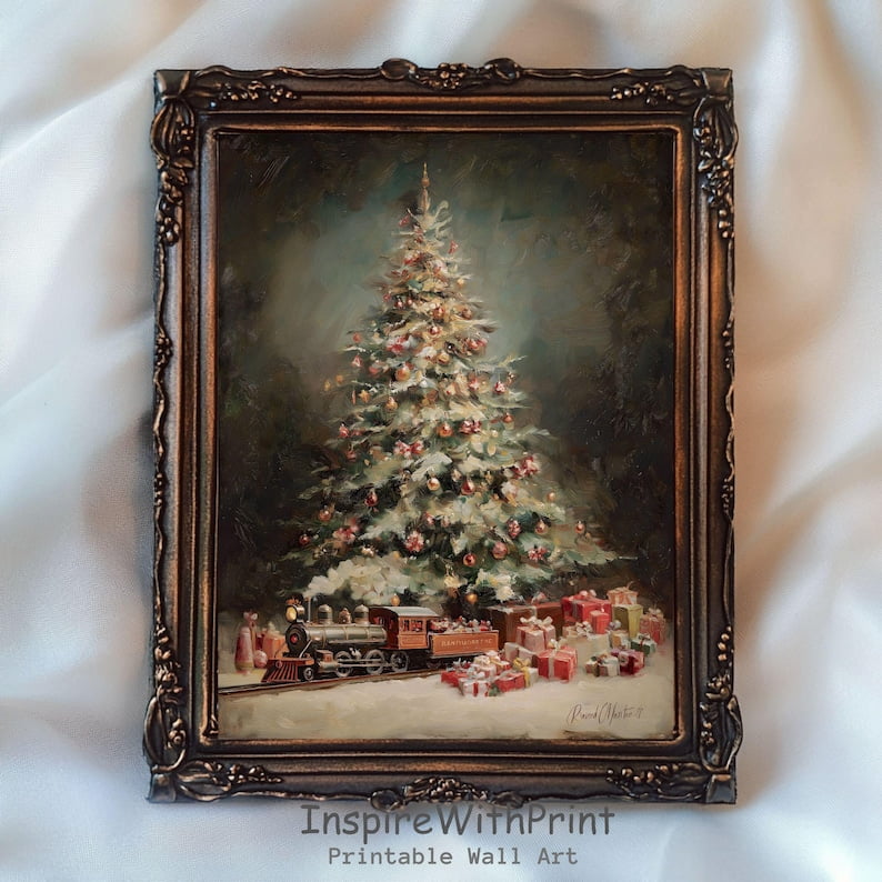 Vintage Christmas Tree with Presents Print, Festive Holiday Printable ...