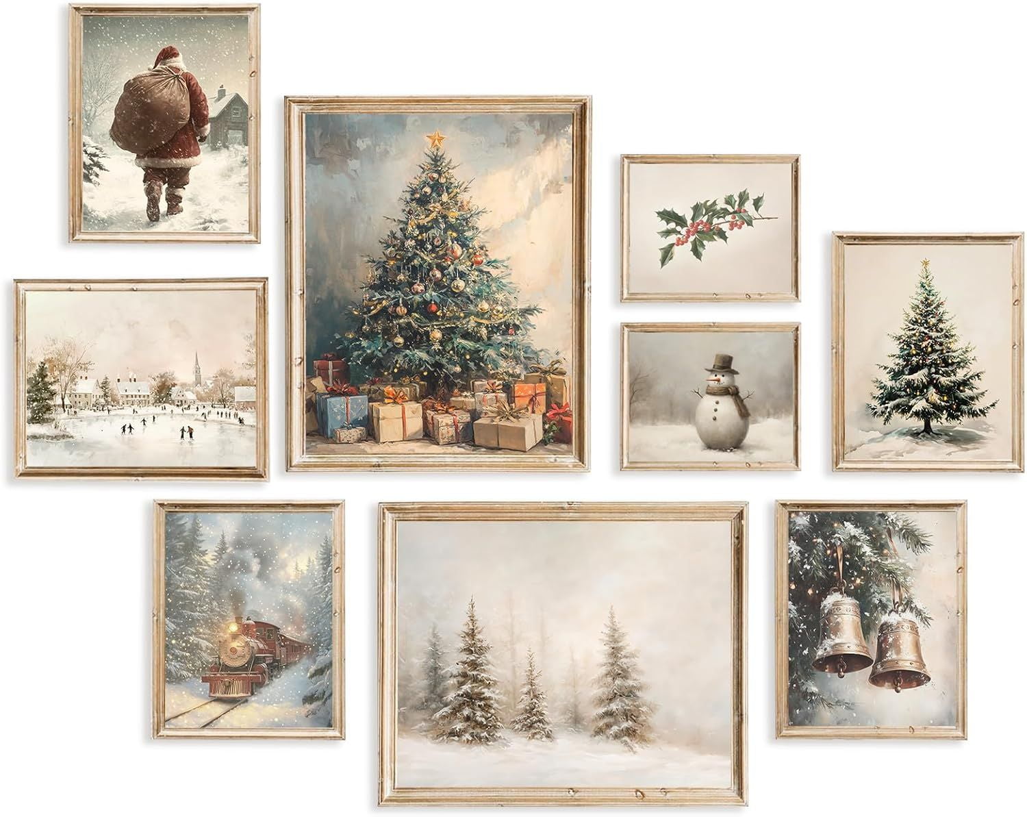 Vintage Christmas Wall Art, 9-Piece Winter Holiday Poster Set with ...