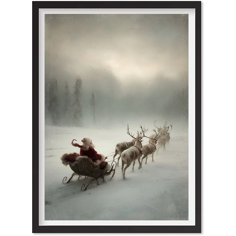 Vintage Christmas Wall Art, Rustic Santa Sleigh With Reindeer, Cozy ...