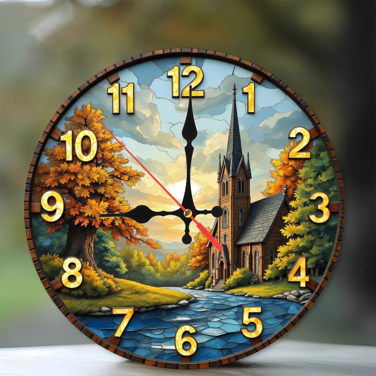 Vintage Church Landscape Wall Clock Art Decor 10-Inch Silent Wooden ...