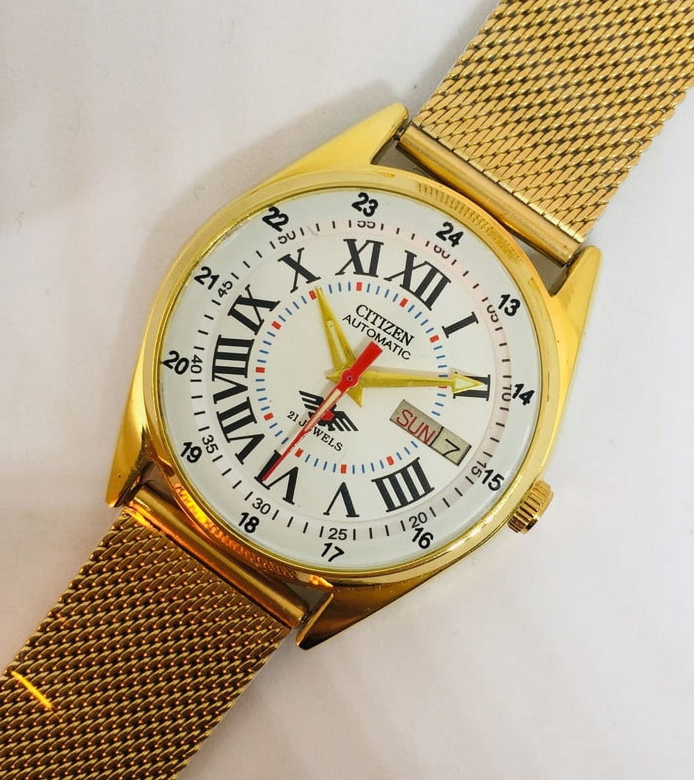 Vintage Citizen Automatic 21 Jewels Roman Number White Dial Day/Date Metal Strap Japan Made ...