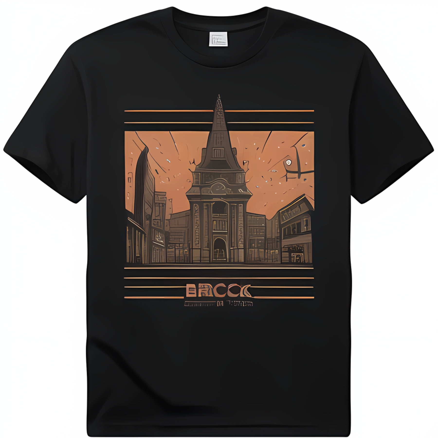 Vintage City Scene Graphic Black T-Shirt with Clock Tower Design ...