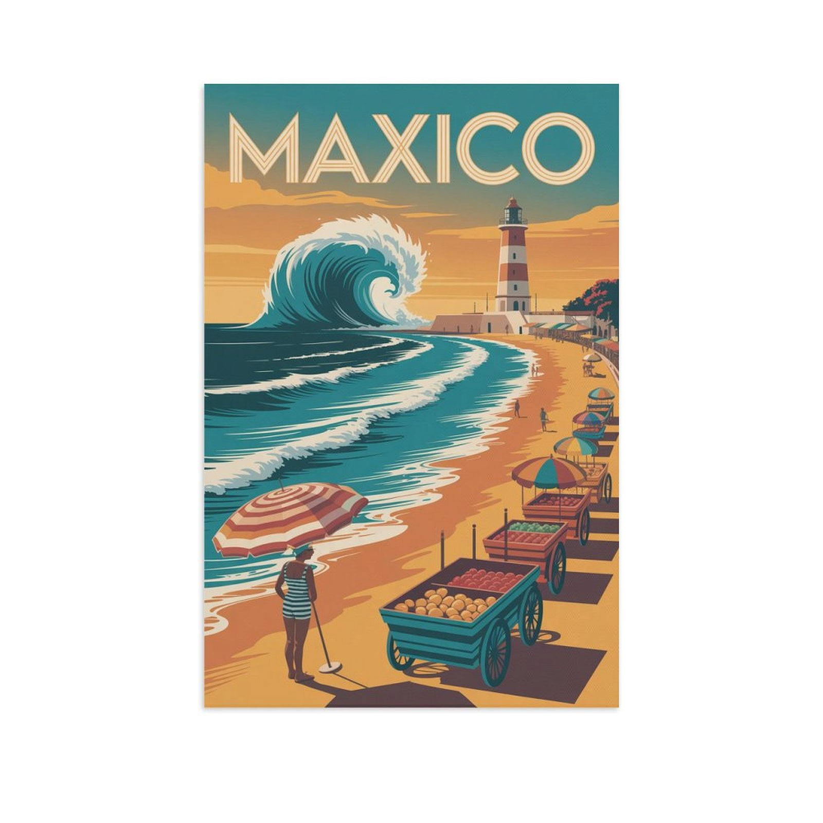 Vintage City Travel Poster of Mazatlan with Boardwalk Fun And Surfside ...