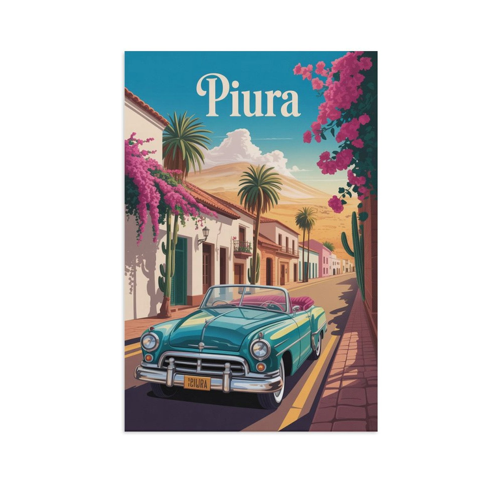 Vintage City Travel Poster of Piura Peru with Palm Trees And Colonial ...