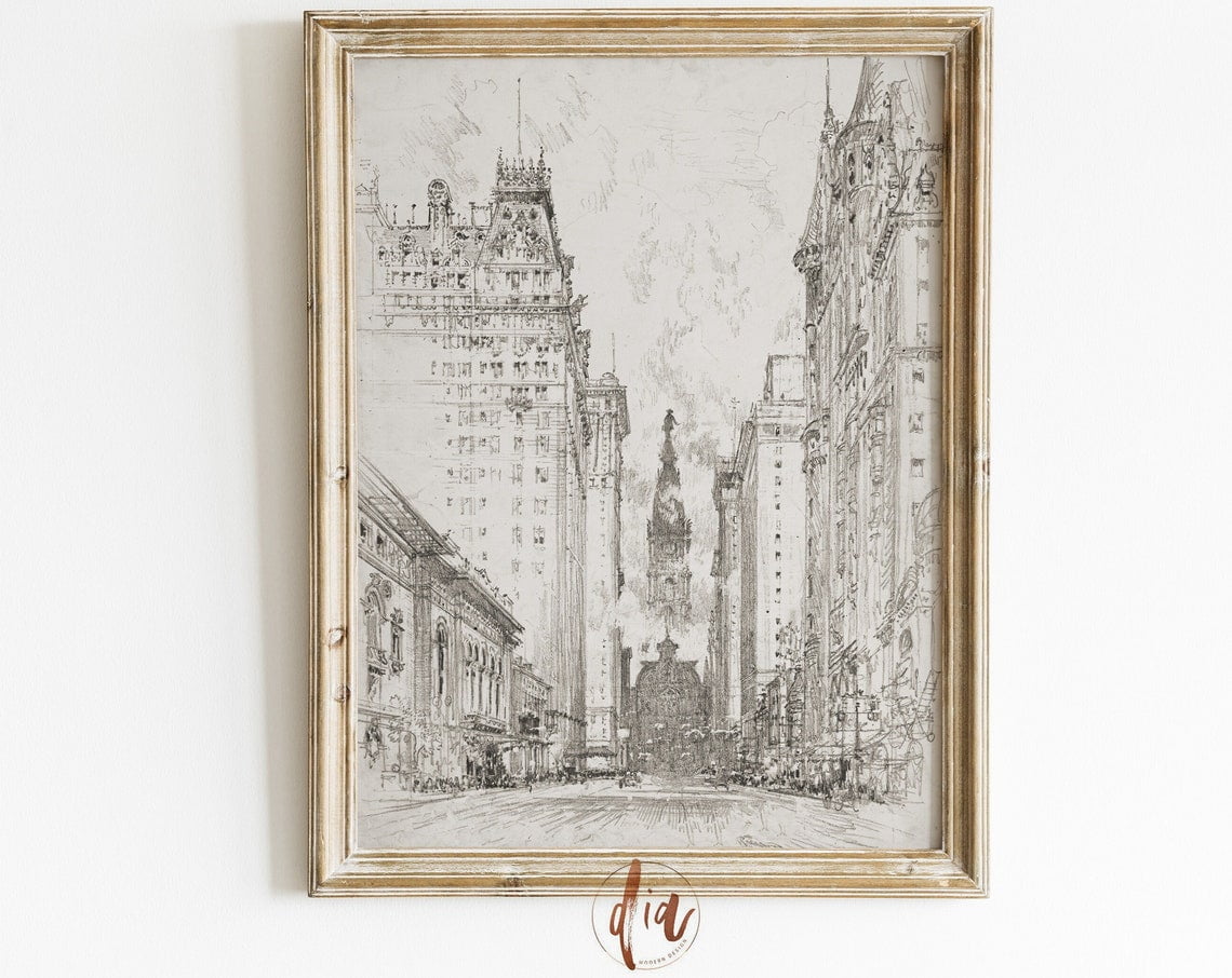 Vintage Cityscape Drawing, Antique Architecture Drawing, Neutral ...