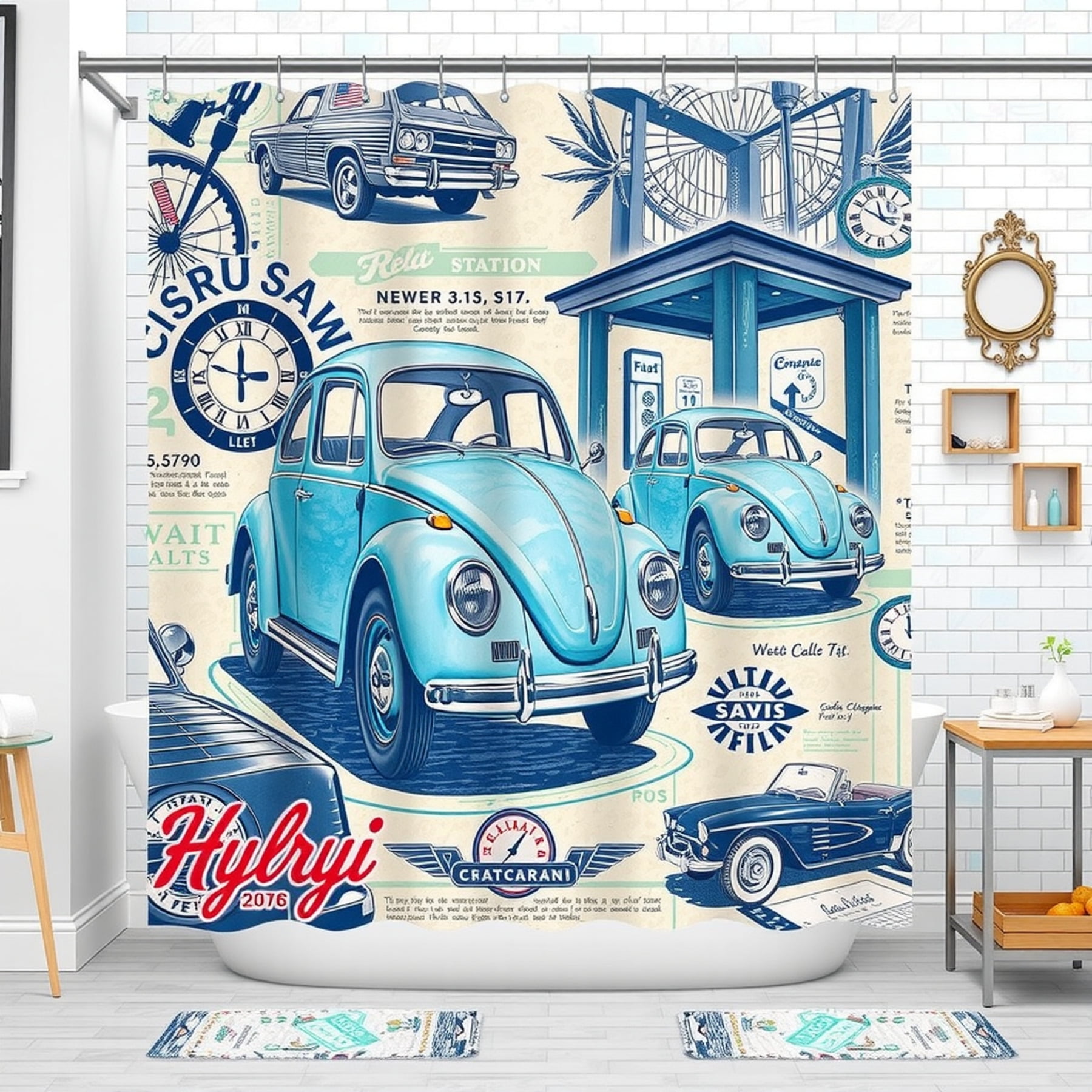 Vintage Classic Cars Shower Curtain - Retro Stations & Clocks Design ...