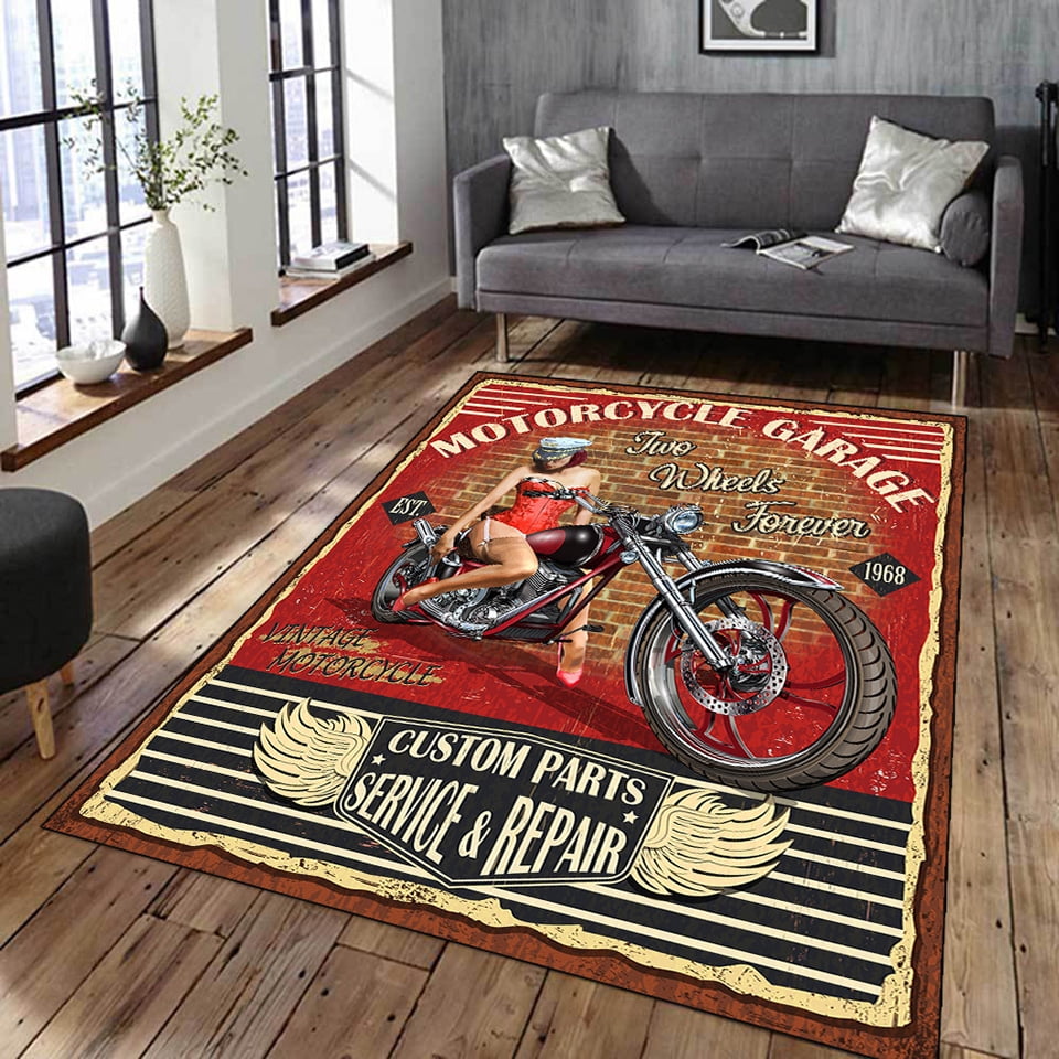 Vintage Classic Motorcycle Garage 3D Printed Carpet Living Room Retro ...