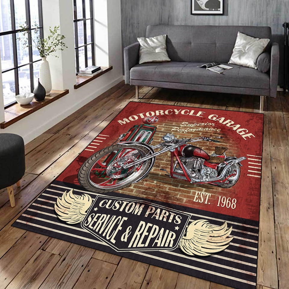Vintage Classic Motorcycle Garage 3D Printed Carpet Living Room Retro ...