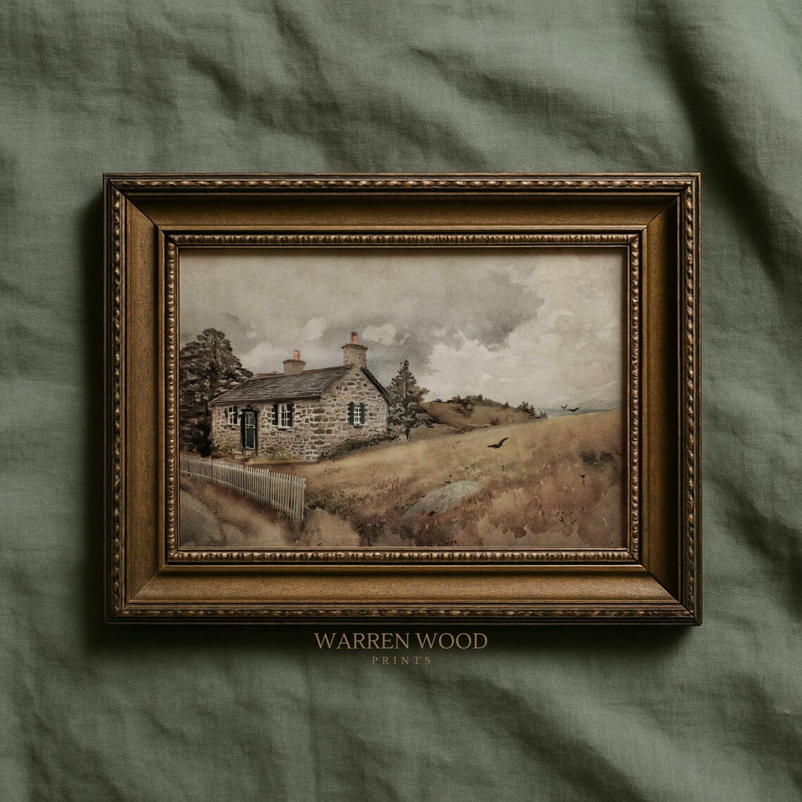 Vintage Cliffside Farmhouse, Neutral Rustic Landscape Wall Art, Antique ...