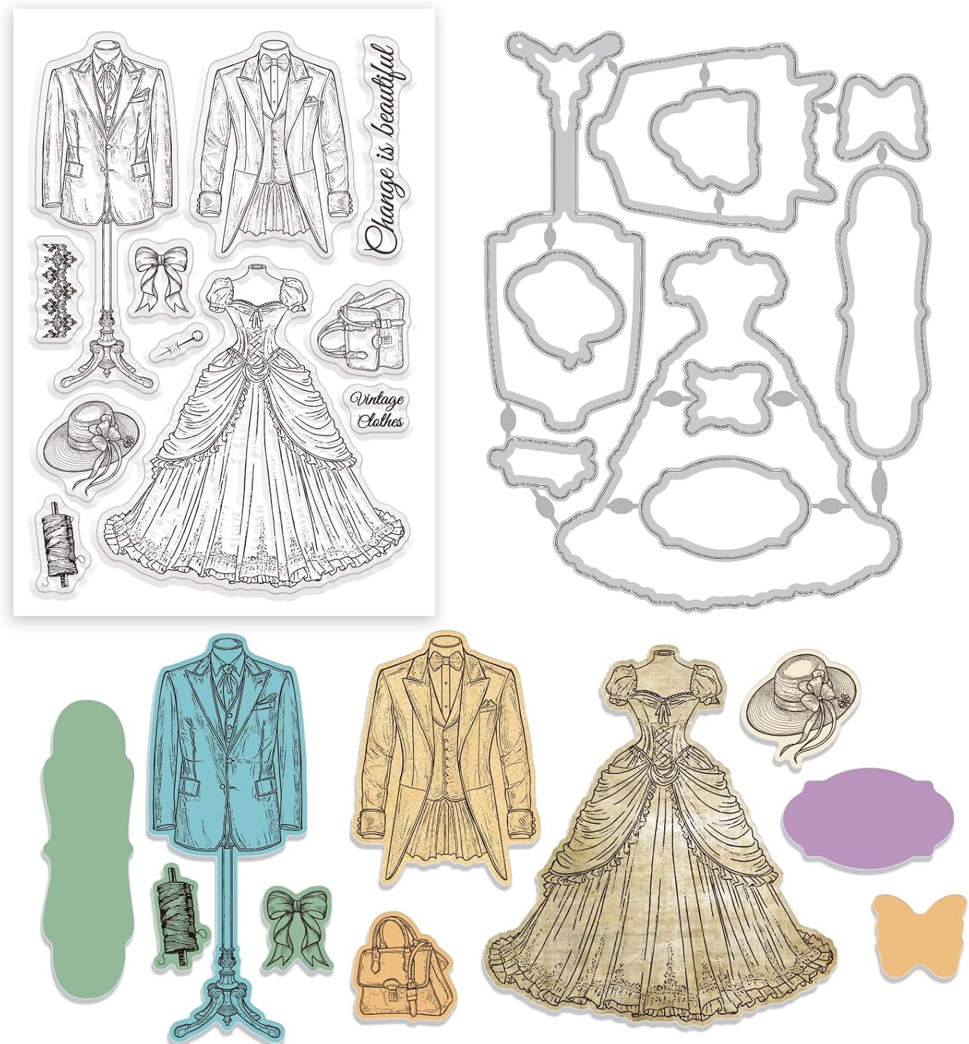 Vintage Clothing Clear Stamp Suits Cutting Dies Set Dresses Gown ...