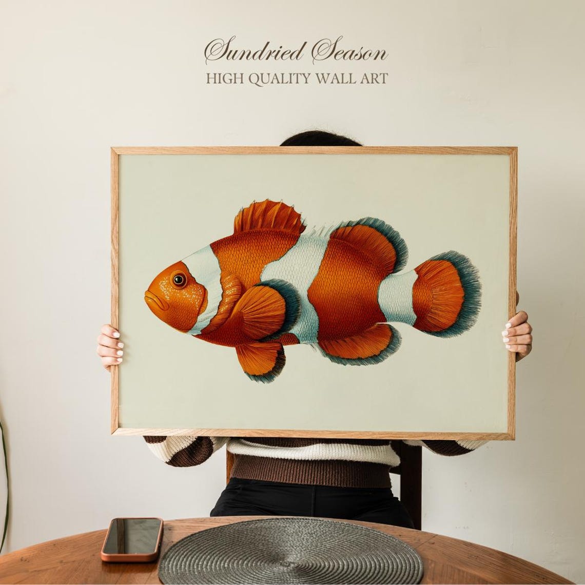 Vintage Clownfish Illustration, Tropical Reef Fish Wall Art, Coastal ...