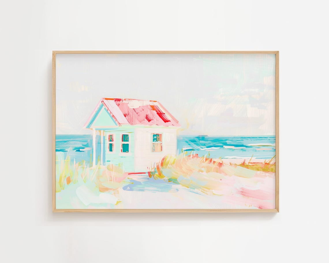 Vintage Coastal Beach Cottage Colorful Pastel Seascape Beach Summer ...
