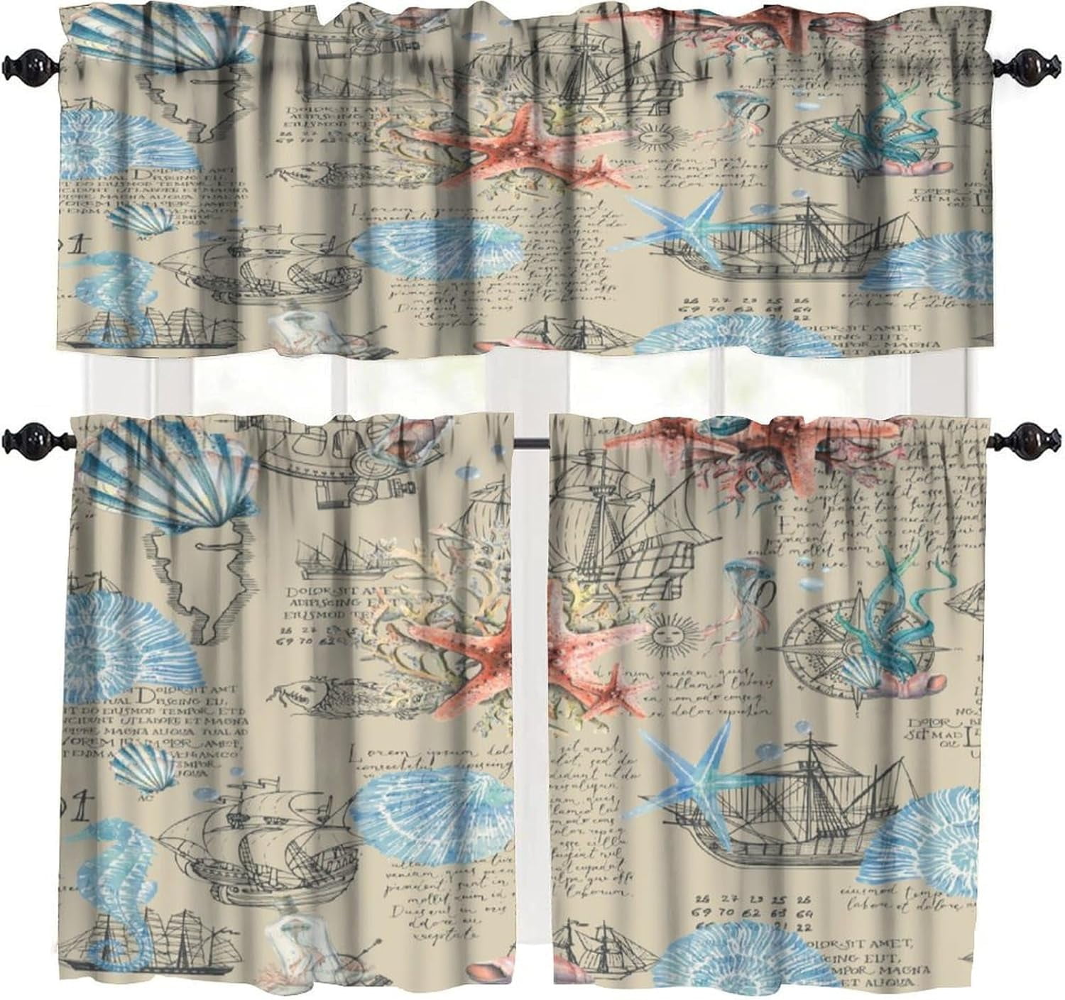 Vintage Coastal Kitchen Curtain and Valance Set Tier,Watercolor Beach ...