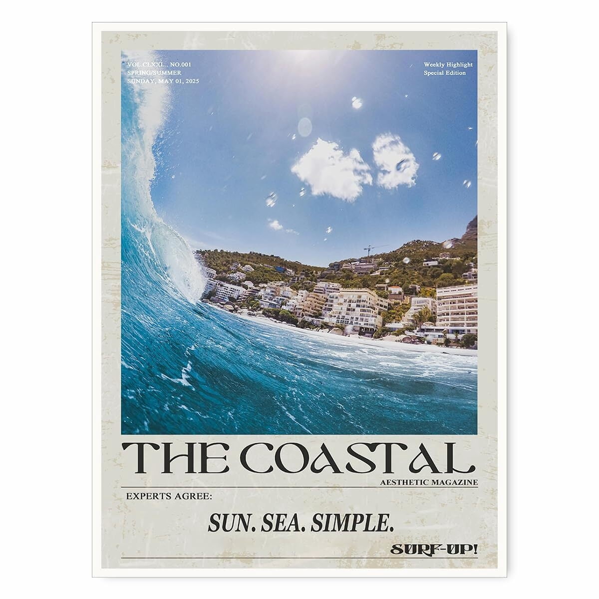 Vintage Coastal Magazine Cover Canvas Wall Art Blue Ocean Wave and ...