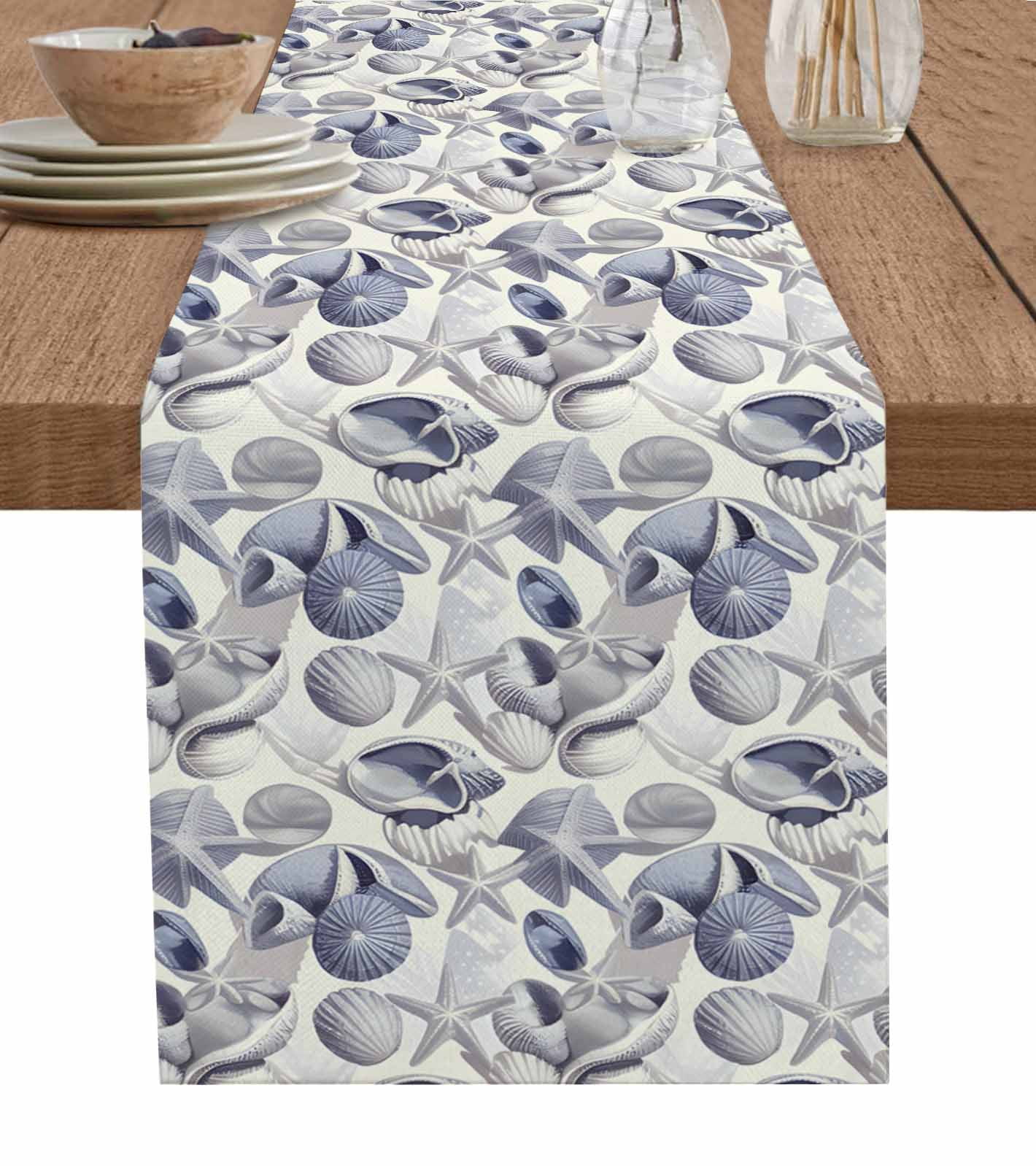 Vintage Coastal Table Runner 72 Inches, Blue Grey Starfish Shell Conch ...