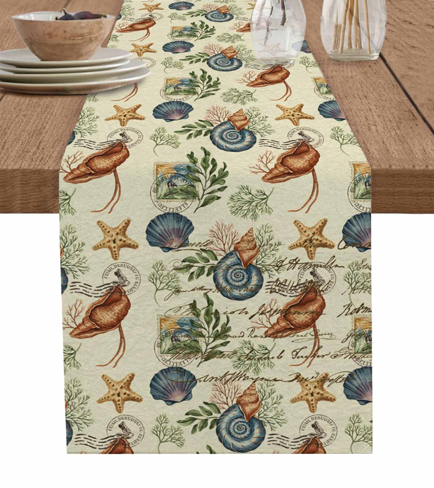 Vintage Coastal Table Runner 72 Inches, Tropical Leaves Starfish Coral ...