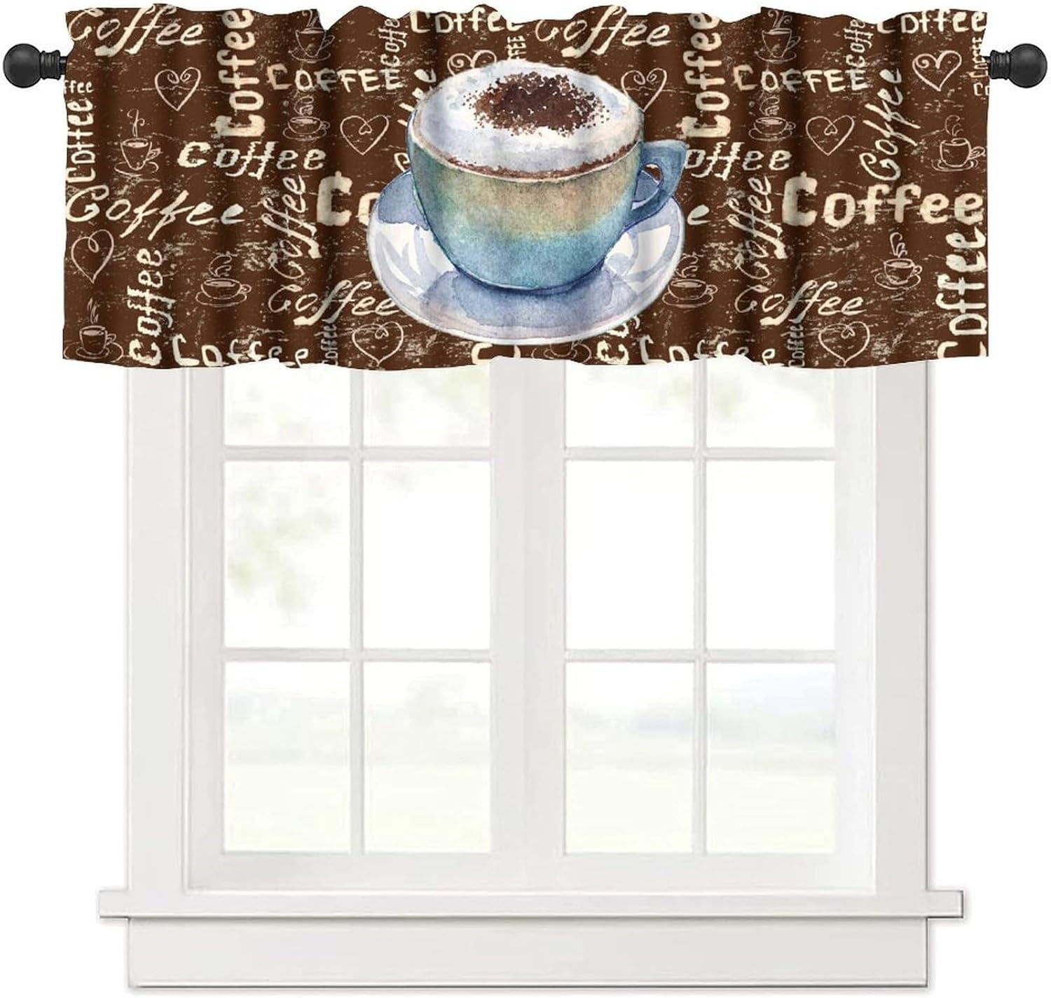 Vintage Coffee Brown Valance Curtains Rustic Farmhouse Coffee Cup ...