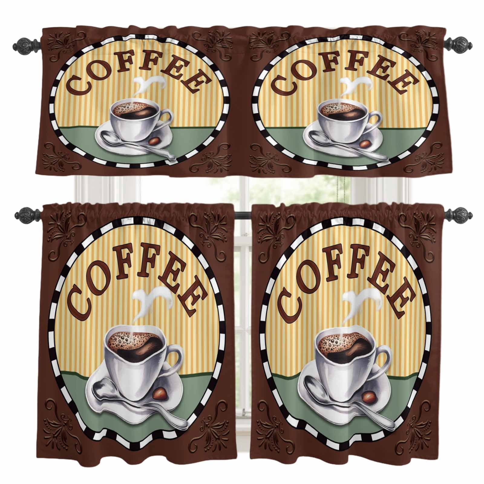 Vintage Coffee Curtain Valances Set Coffee Cup Brown Strips Kitchen ...