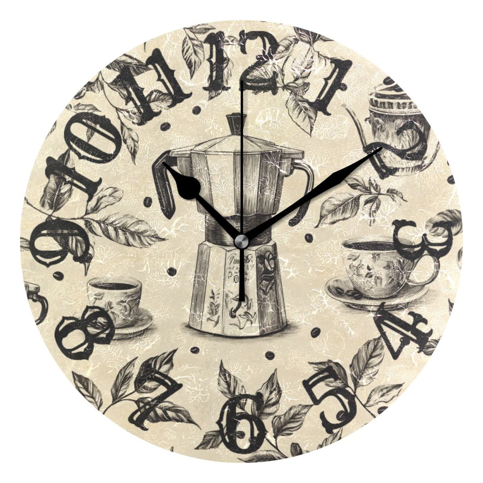 Vintage Coffee Leaves Wall Clock 10 inch Non-Ticking Easy to Read ...