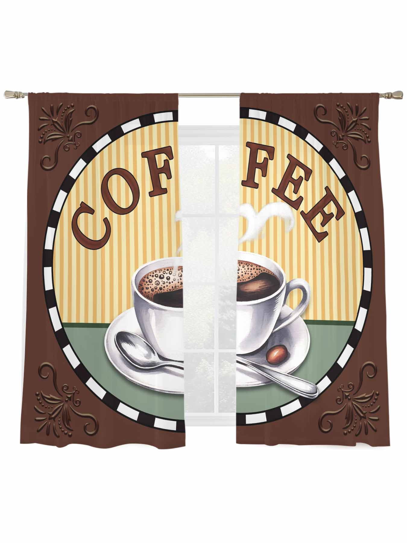 Vintage Coffee Sheer Curtains 63 inches Long, Coffee Cup Brown Strips ...
