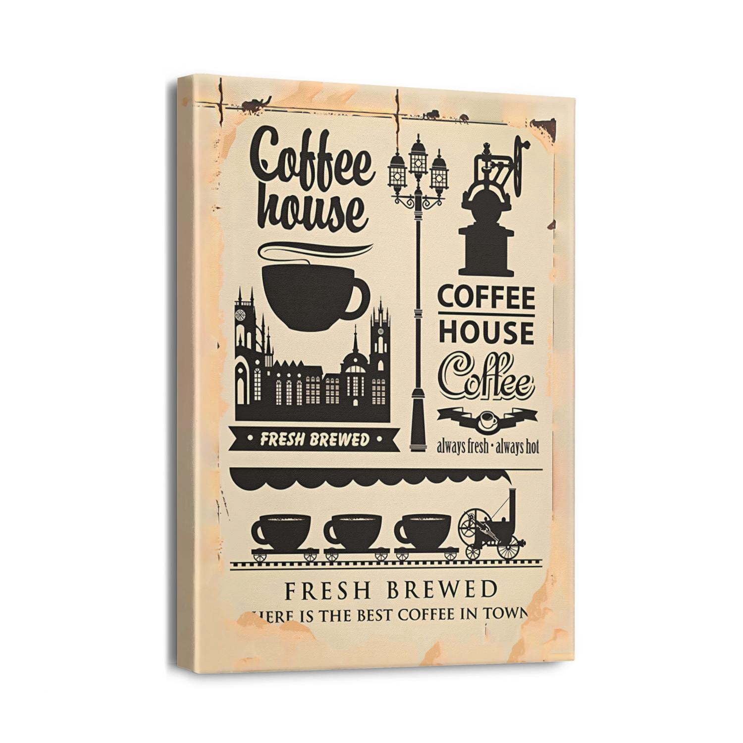 Vintage Coffee Sign - Rustic Black and White Wall Art - Framed Canvas ...