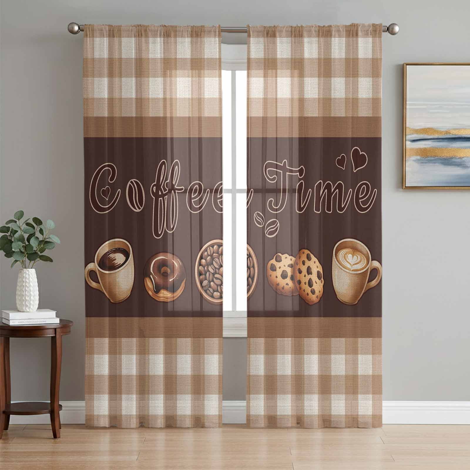Vintage Coffee Time Sheer Curtains 72 Inch Length 2 Panels Set ...