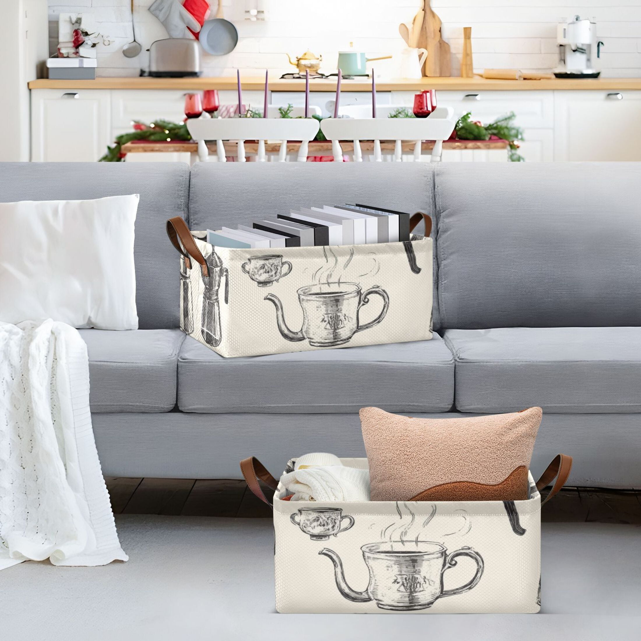 Vintage Coffee Time Storage Bins with Handles Foldable Storage Baskets ...