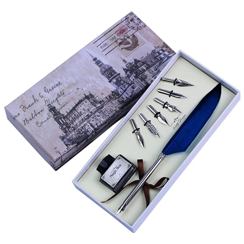 Vintage Colored Feather High quality Quill Dip Pen Writing Ink Set ...