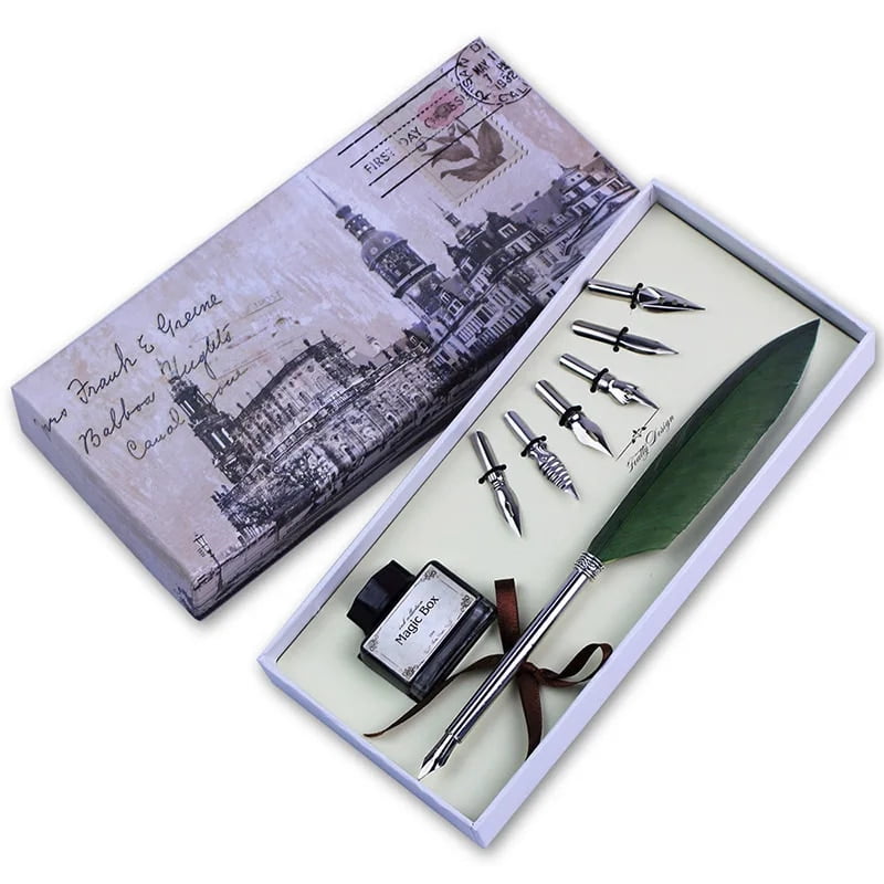 Vintage Colored Feather High quality Quill Dip Pen Writing Ink Set ...