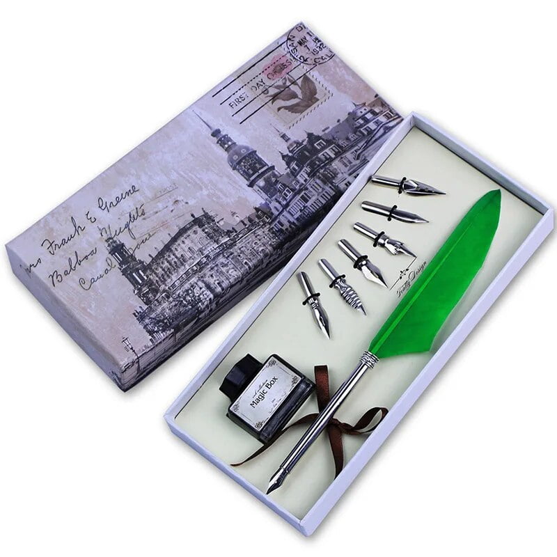 Vintage Colored Feather High quality Quill Dip Pen Writing Ink Set ...
