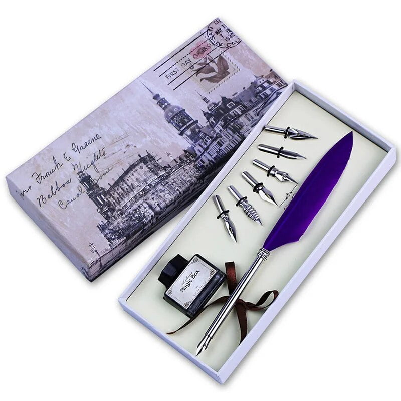Vintage Colored Feather High quality Quill Dip Pen Writing Ink Set ...