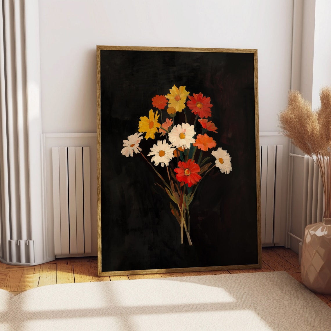 Vintage Colorful Daisies Oil Painting Black Gothic Antique Flower Print ...