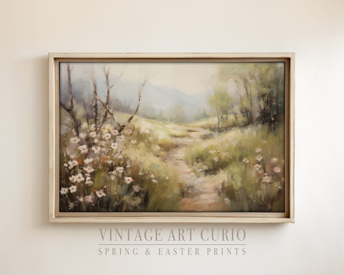 Vintage Colorful Spring Wildflower Landscape, Floral Cottagecore Wall ...