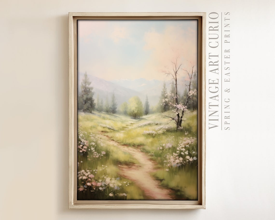 Vintage Colorful Spring Wildflower Landscape, Floral Cottagecore Wall ...