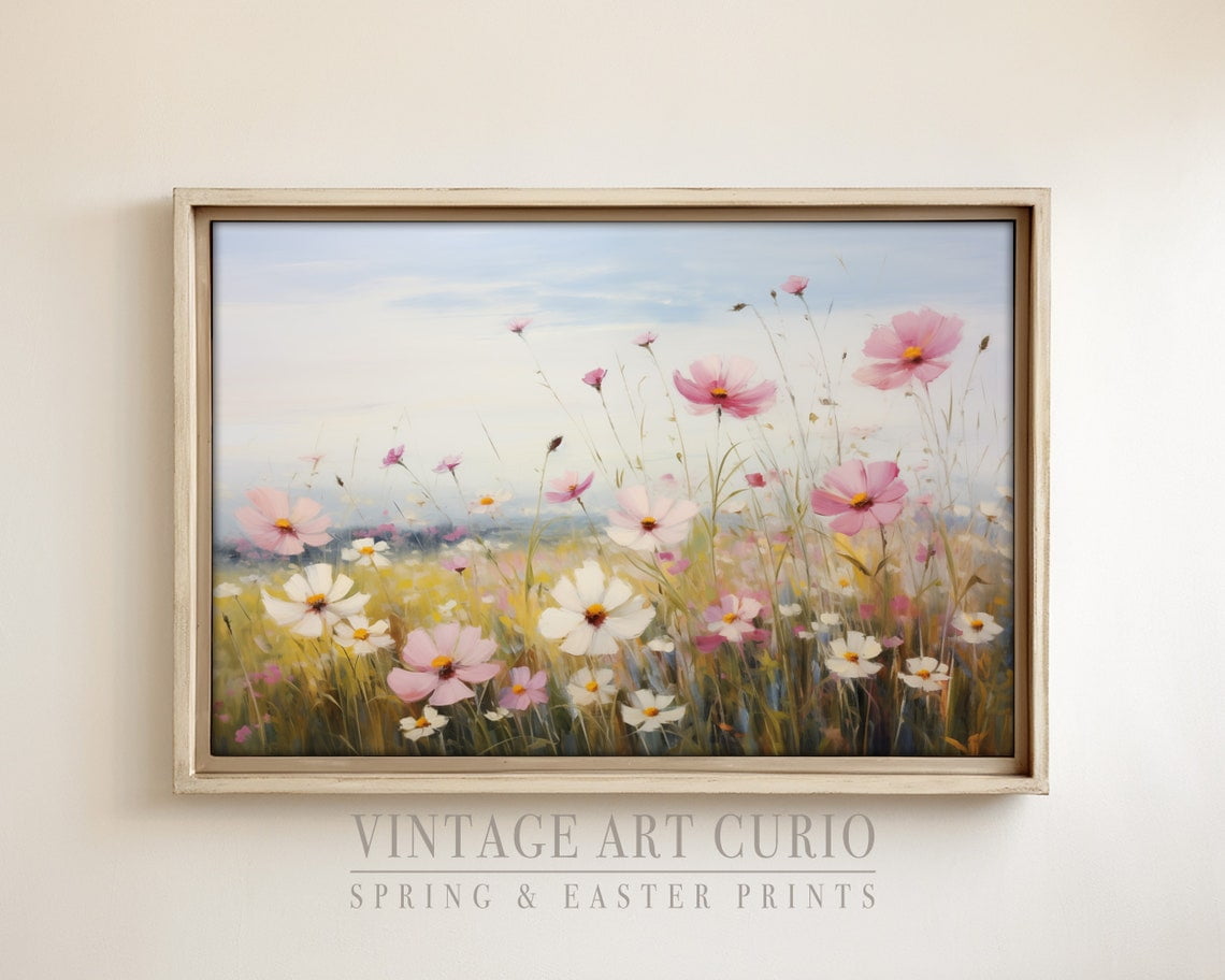 Vintage Colorful Spring Wildflower Landscape, Floral Cottagecore Wall ...