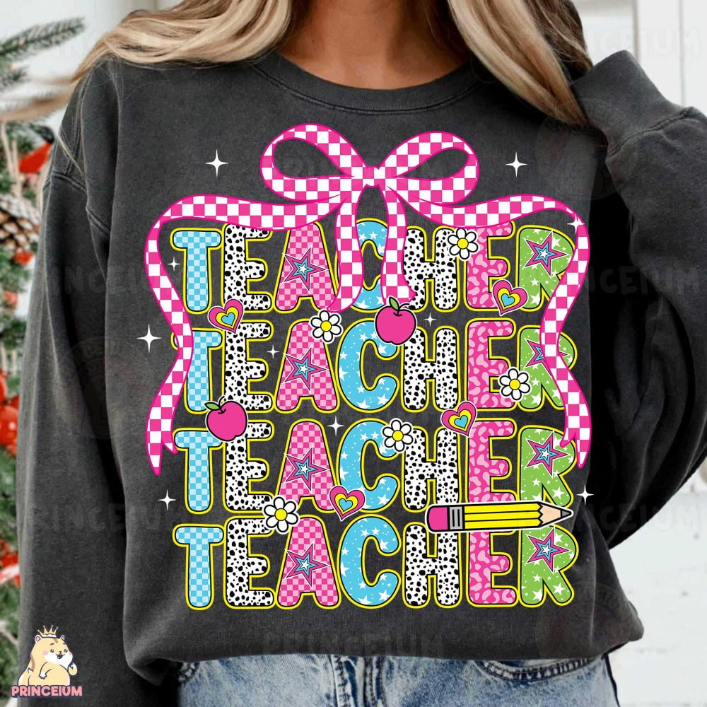 Vintage Colorful Teacher, Retro Rainbow Text, Cute Apple Pencil Bow ...