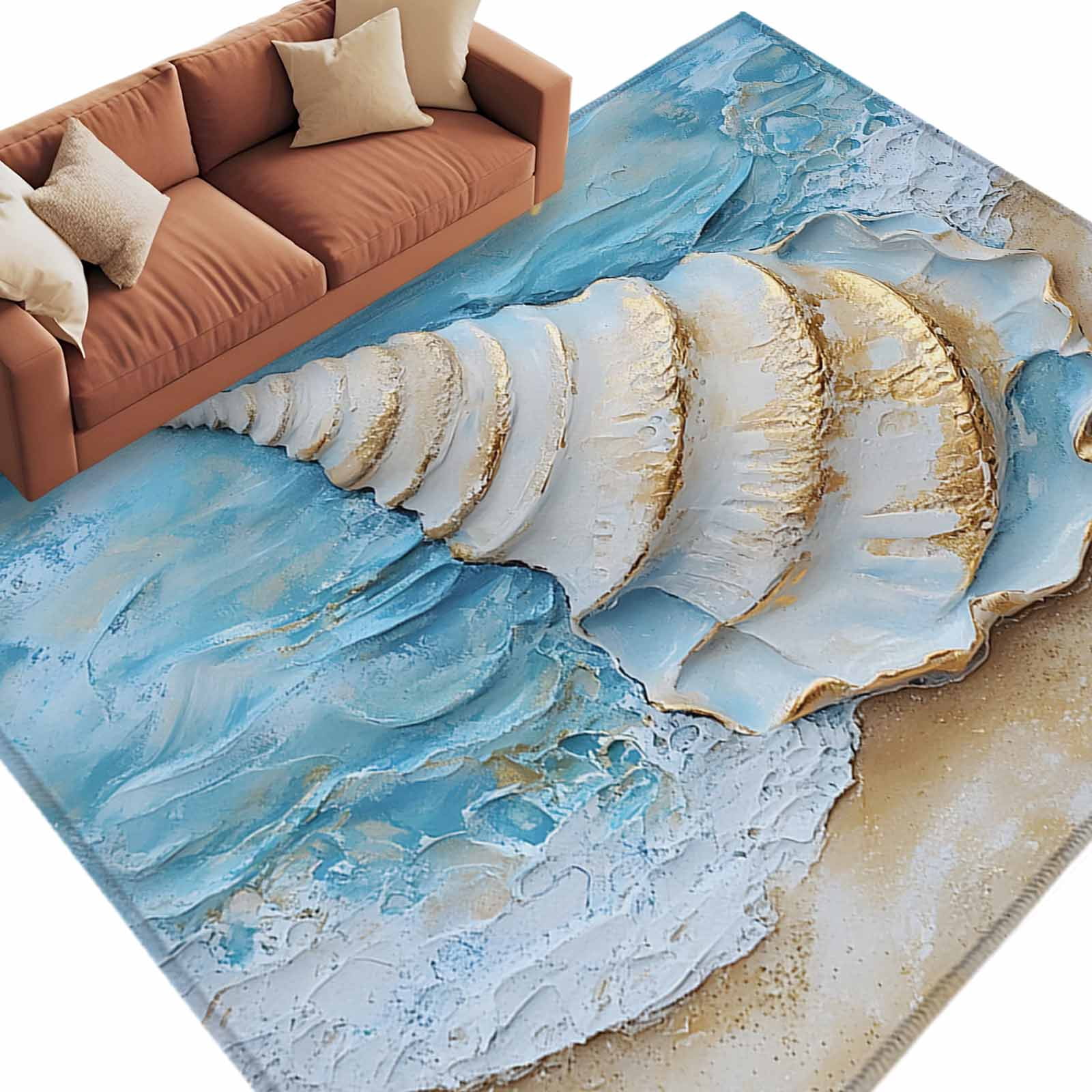 Vintage Conch Rectangle Area Rug 8x10 ft Ocean Waves Coastal Farmhouse ...