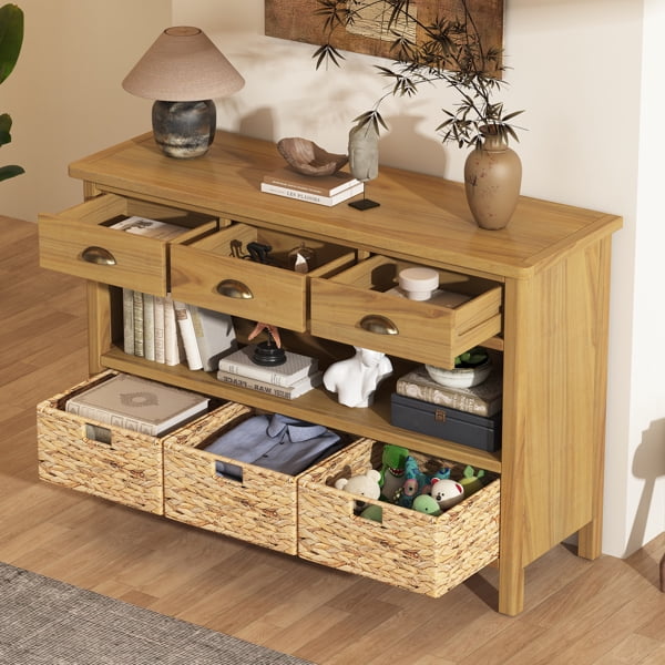 Vintage Console Table with Drawers and Water Hyacinth Baskets, Multi ...
