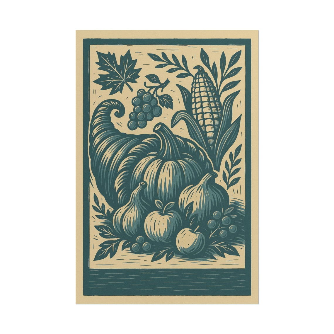 Vintage Cornucopia Thanksgiving Print, Rustic Blue Harvest Wall Art ...