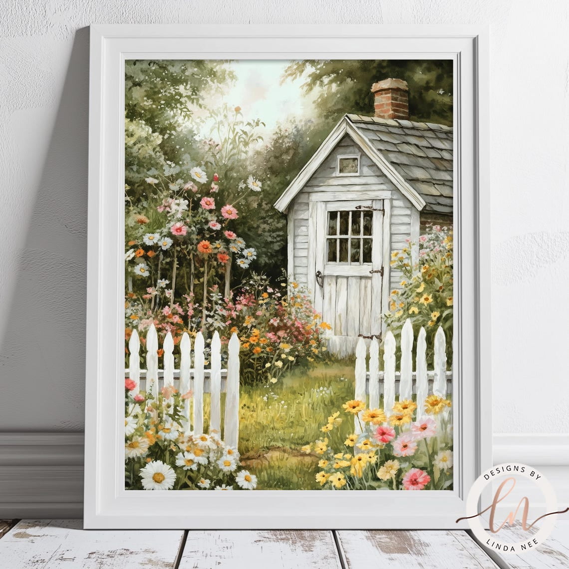 Vintage Cottage Garden Painting, Rustic Country Flower Garden Wall Art ...