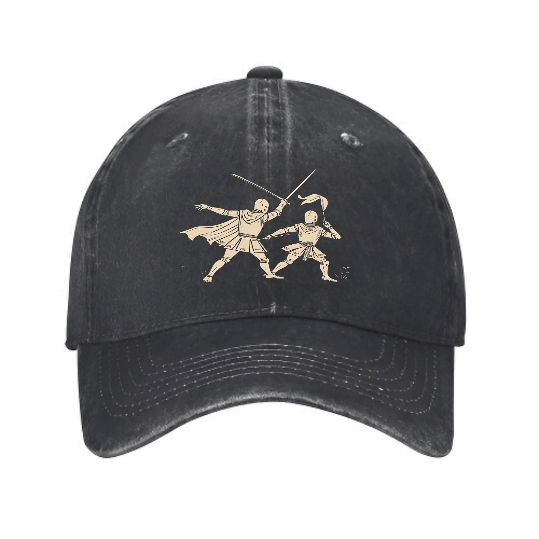 Vintage Cotton Washed Distressed Baseball Cap - Black Hat with Beige ...