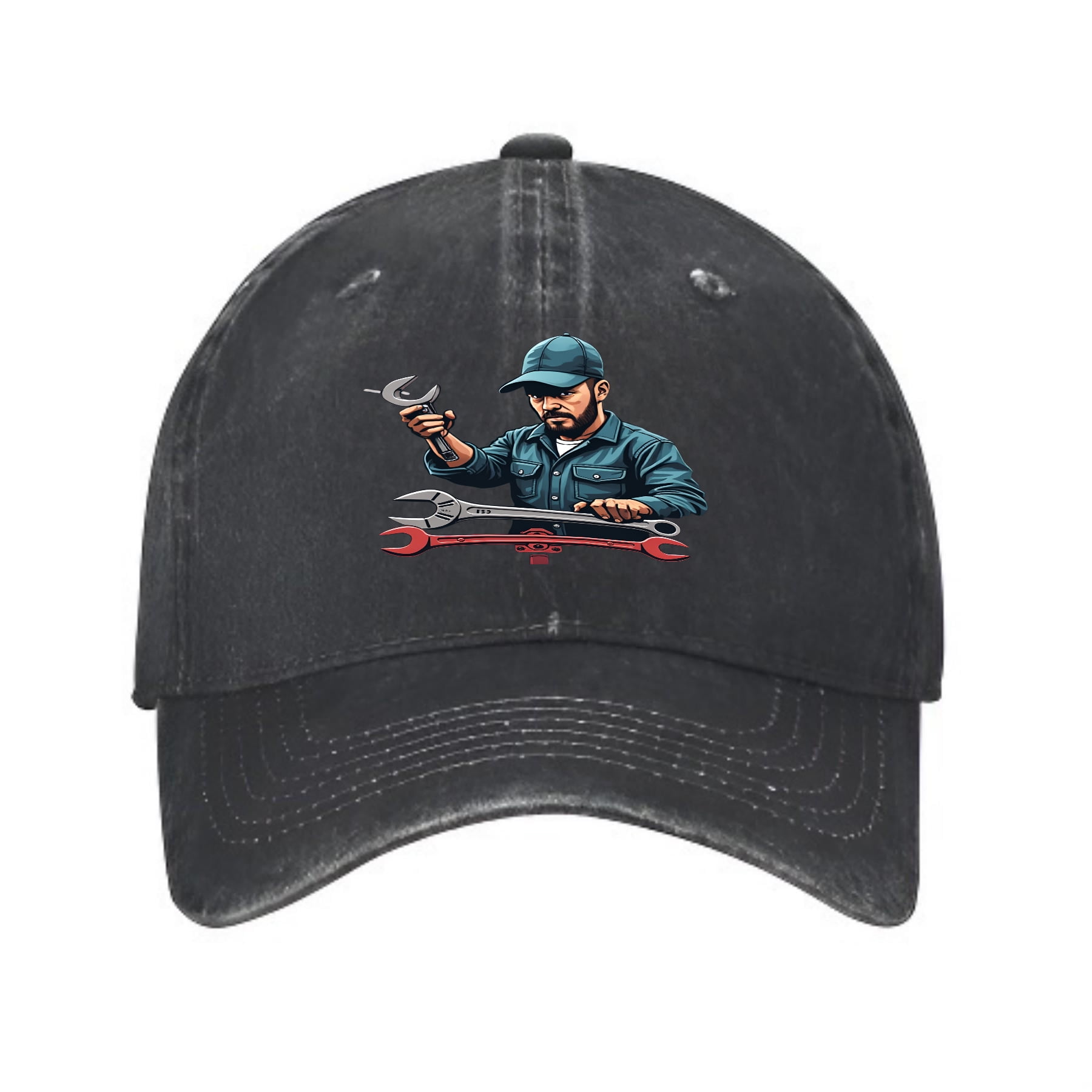 Vintage Cotton Washed Distressed Baseball Cap - Cartoon Mechanic Design ...