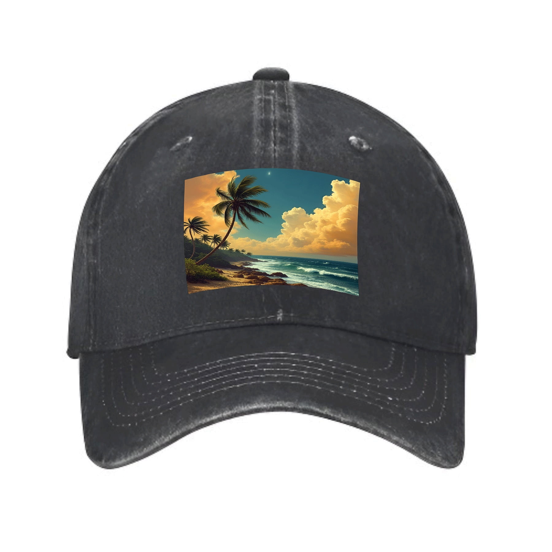 Vintage Cotton Washed Distressed Baseball Cap - Tropical Beach Scene ...