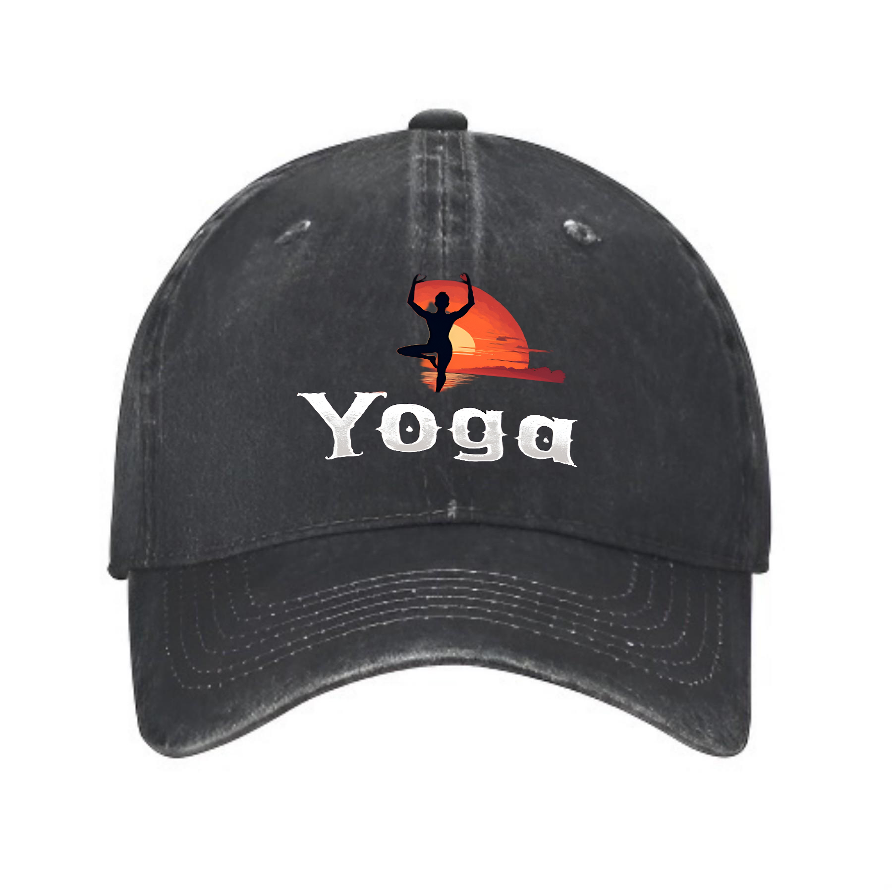 Vintage Cotton Washed Distressed Baseball Cap with Yoga Pose Graphic ...