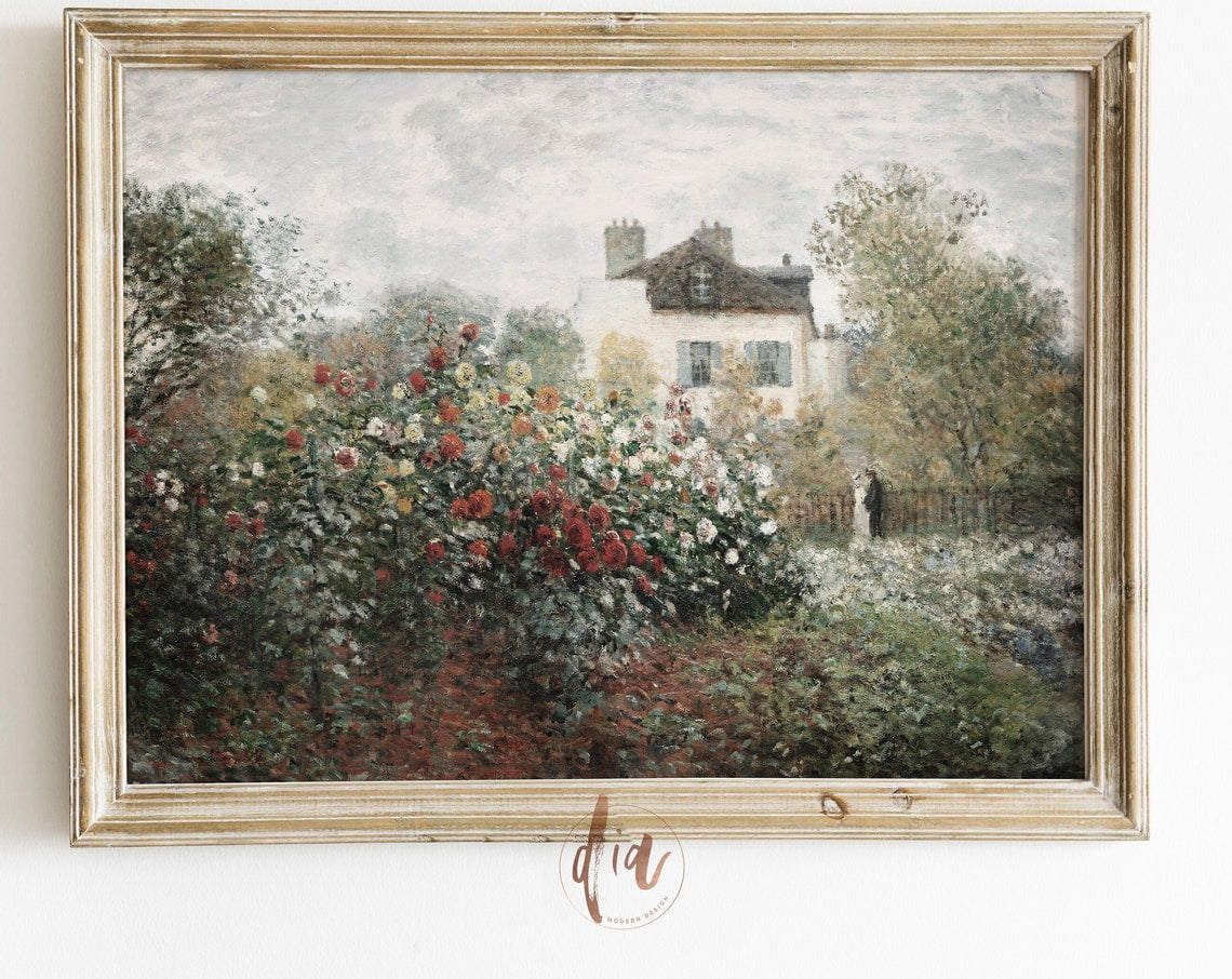 Vintage Country Cottage With Rose Garden Antique Painting, French ...