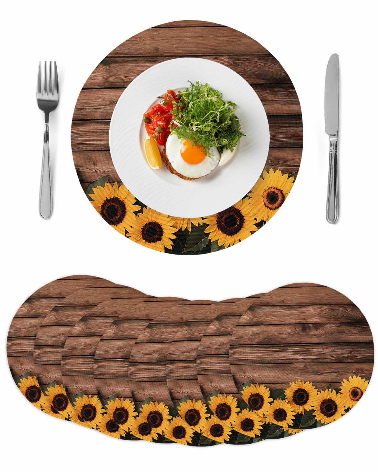 Vintage Country Round Table Placemats set of 8, Wood Texture Sunflower ...